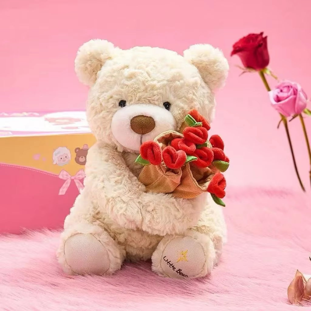 Kawaii Teddy Bear with Roses Plush Toy Soft Bear Stuffed Doll Romantic ...